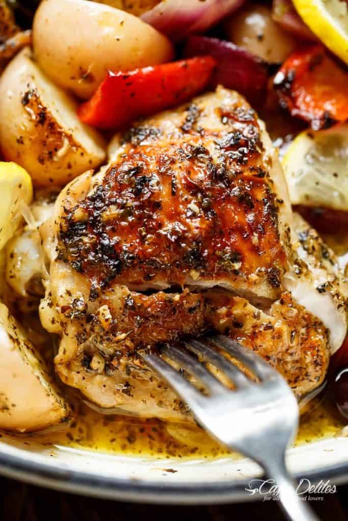 Garlic Lemon Herb Mediterranean Chicken + Potatoes (One Pan) - Cafe Delites