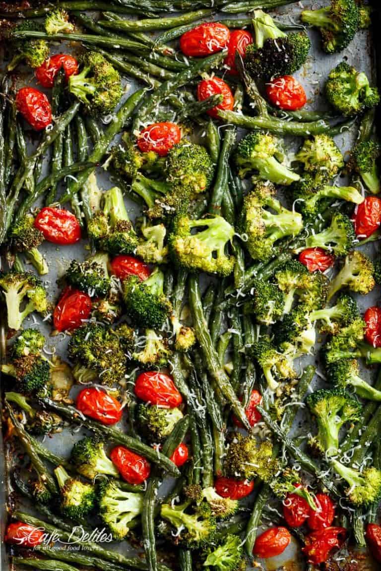 Garlic Parmesan Roasted Broccoli And Green Beans - Cafe Delites