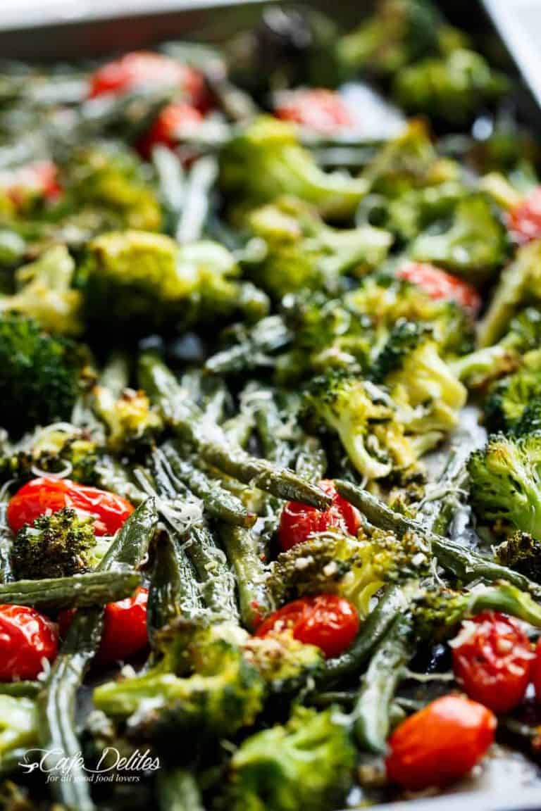 Sheet Pan Garlic Parmesan Roasted Broccoli & Green Beans - Cafe Delites